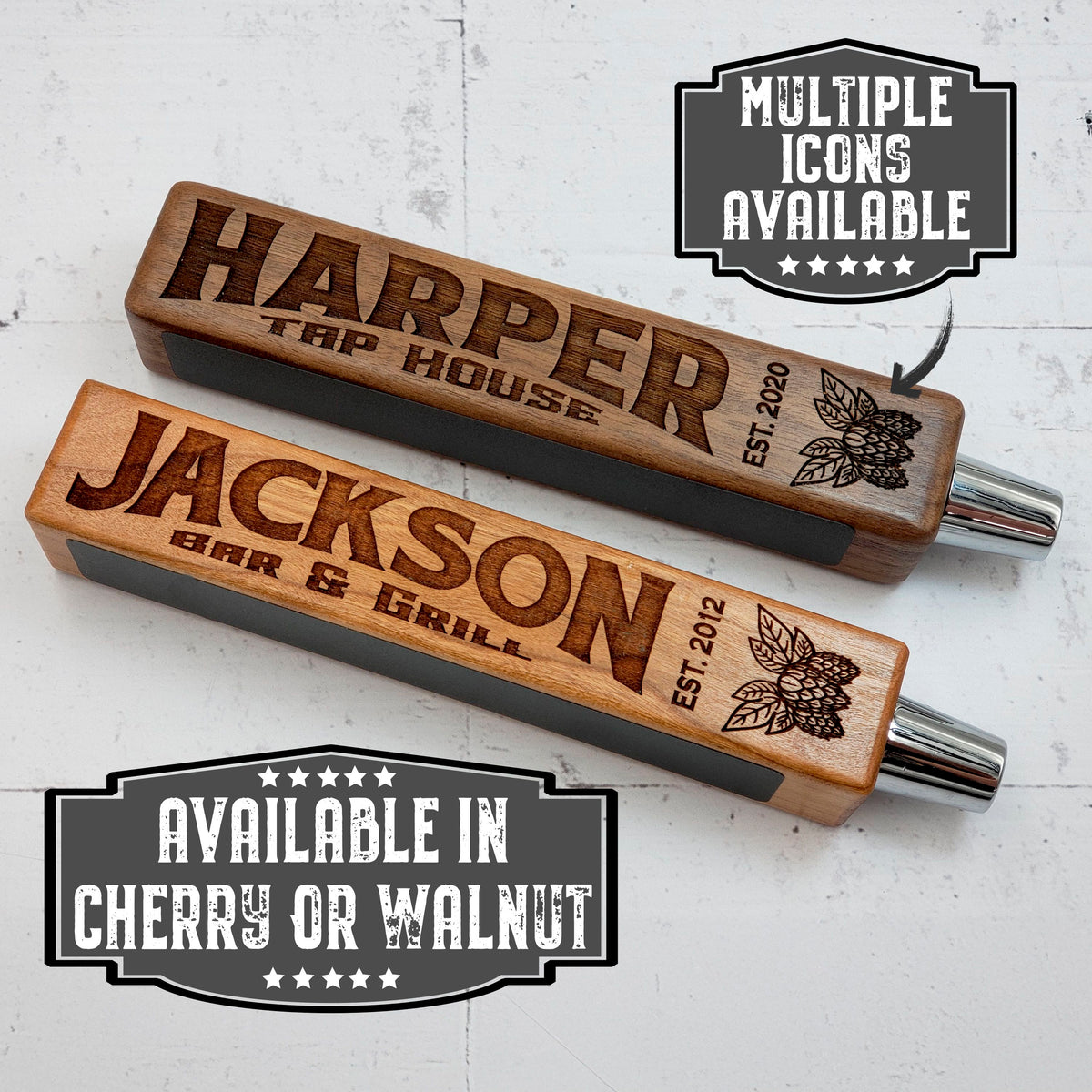 Laser Engraved Tap Handles for Your Home Bar or Kegerator