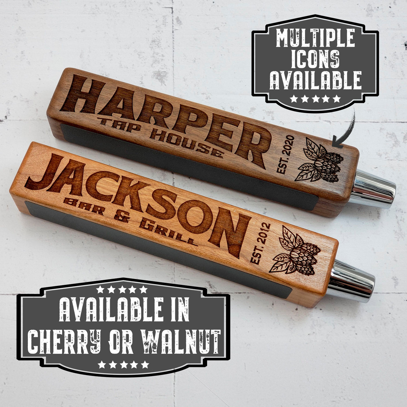 Laser Engraved Tap Handles for Your Home Bar or Kegerator